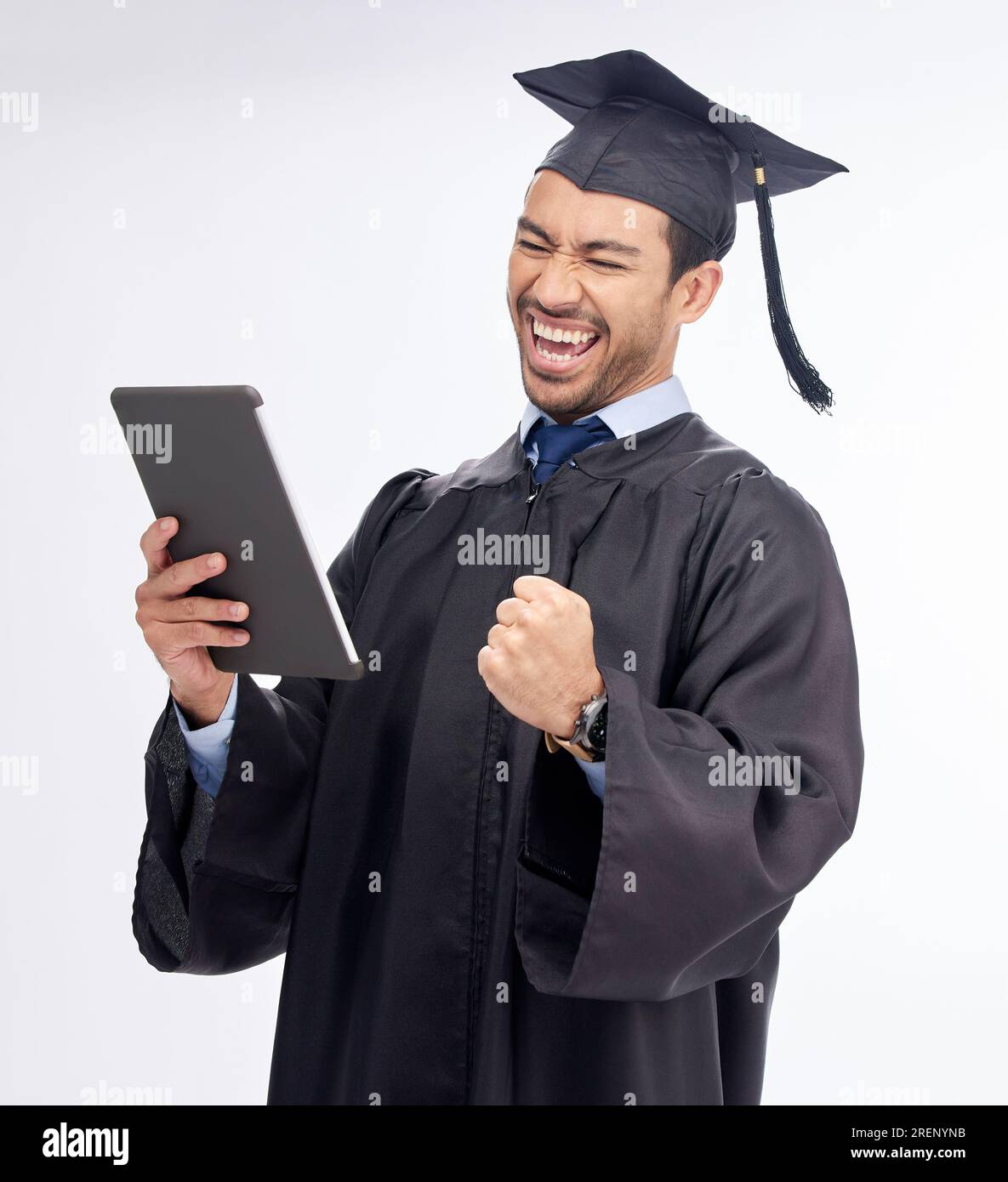 Graduation, tablet and man in celebration of an internet achievement ...