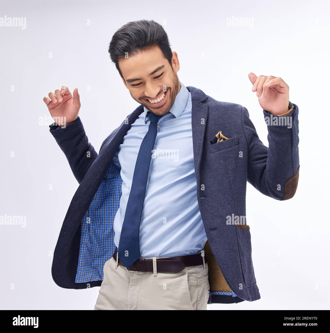 Business man, dancing and smile in studio with success, celebration and ...