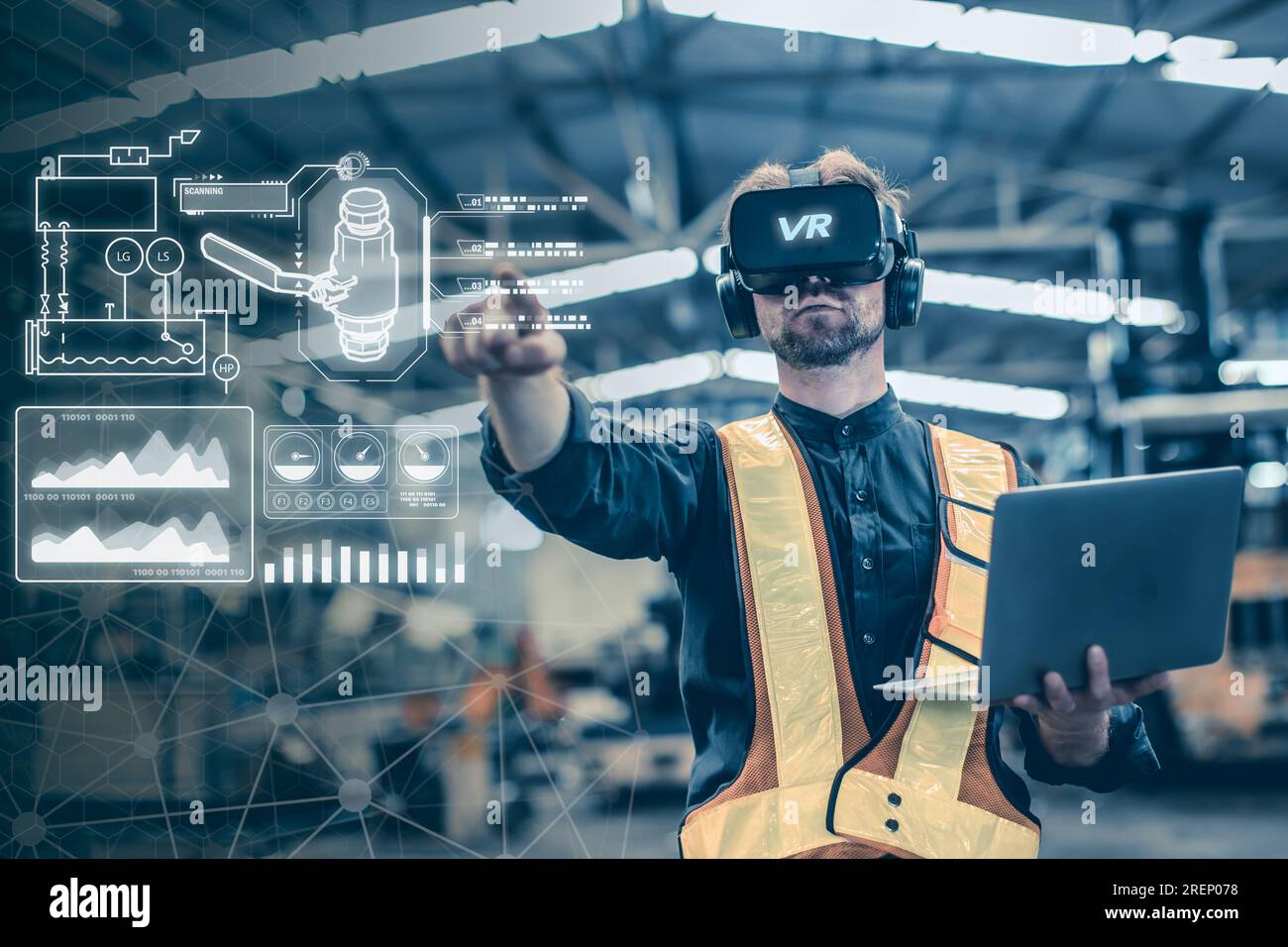 Engineer male using VR virtual reality technology in modern warehouse factory new innovation ...