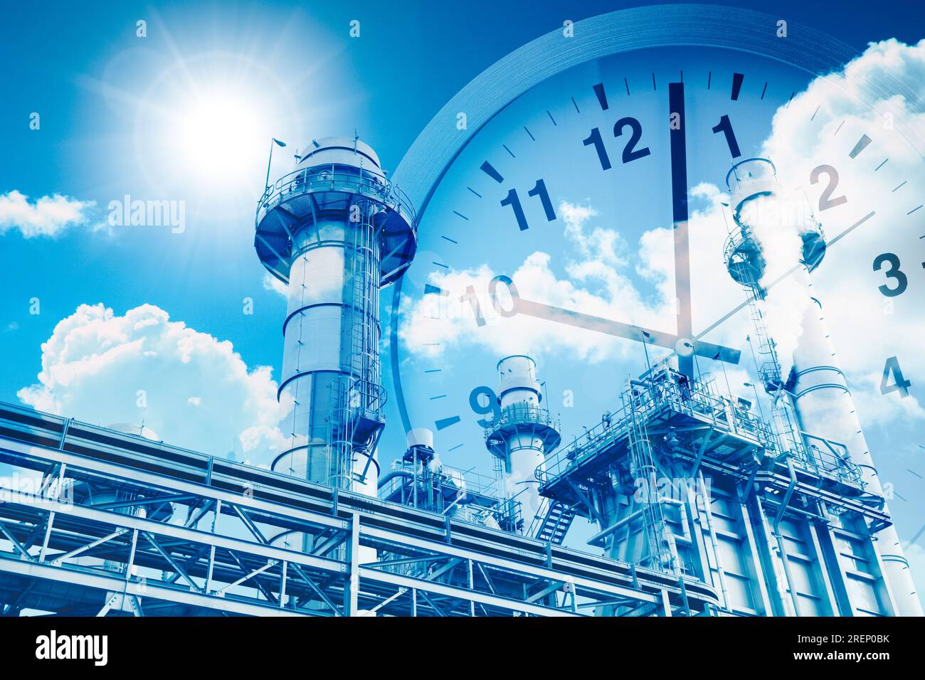 Fossil fuel power plant overlay times clock blue sky for countdown ...