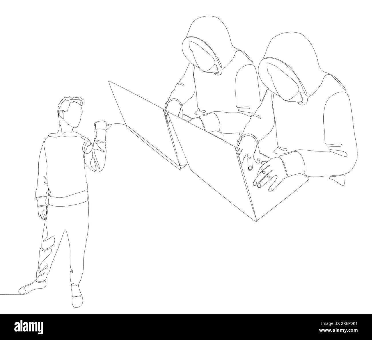One continuous line of Man pointing with finger at Hacker, Men using ...