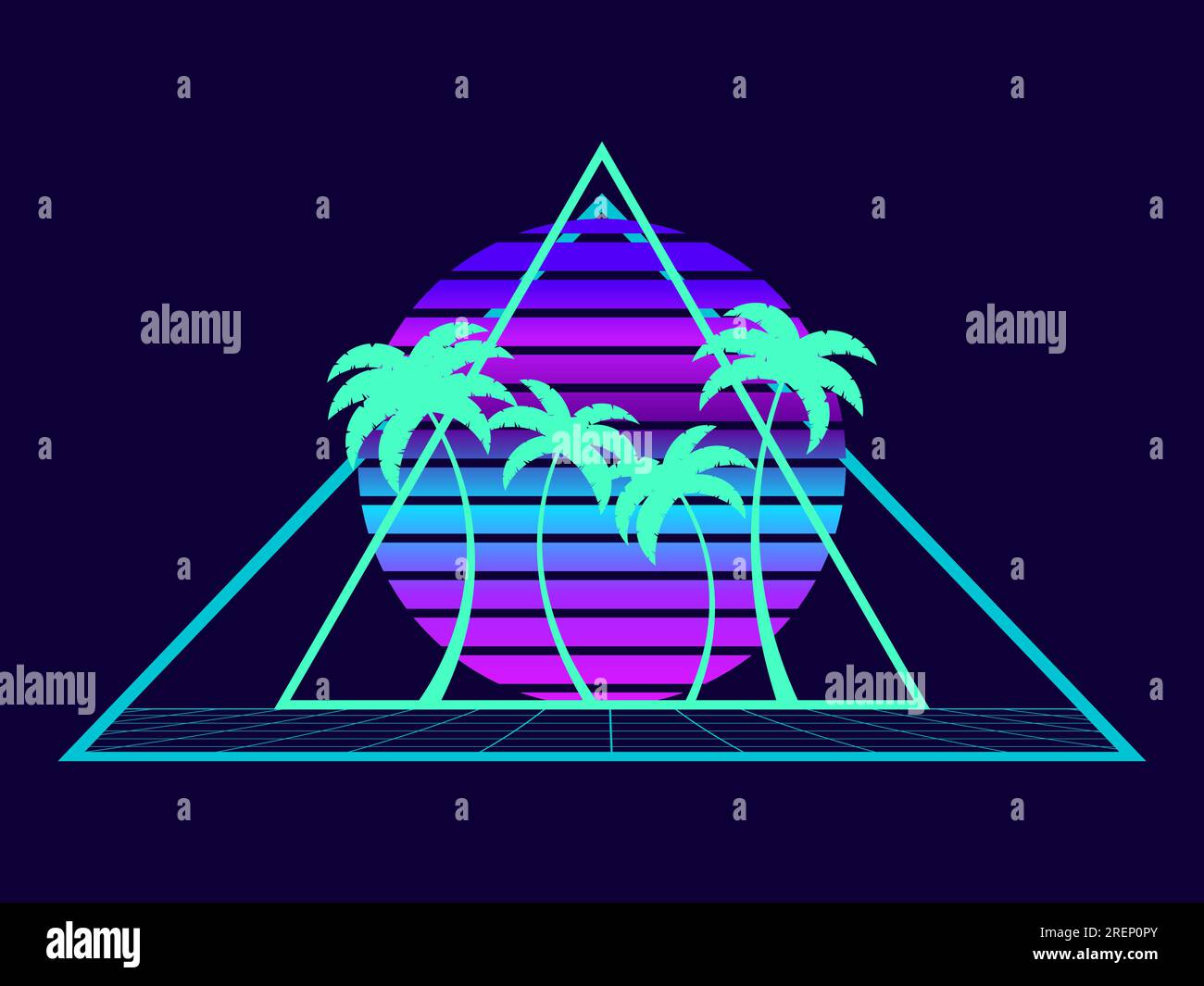 Retro sci-fi background with retro sun, palm trees and 80s style ...