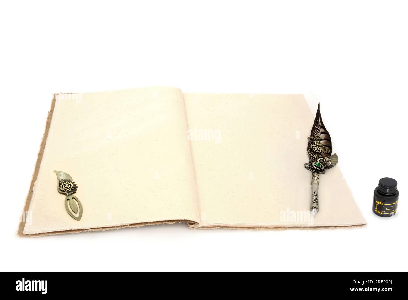 Ancient stationery writing equipment with retro feather quill pen, hemp ...