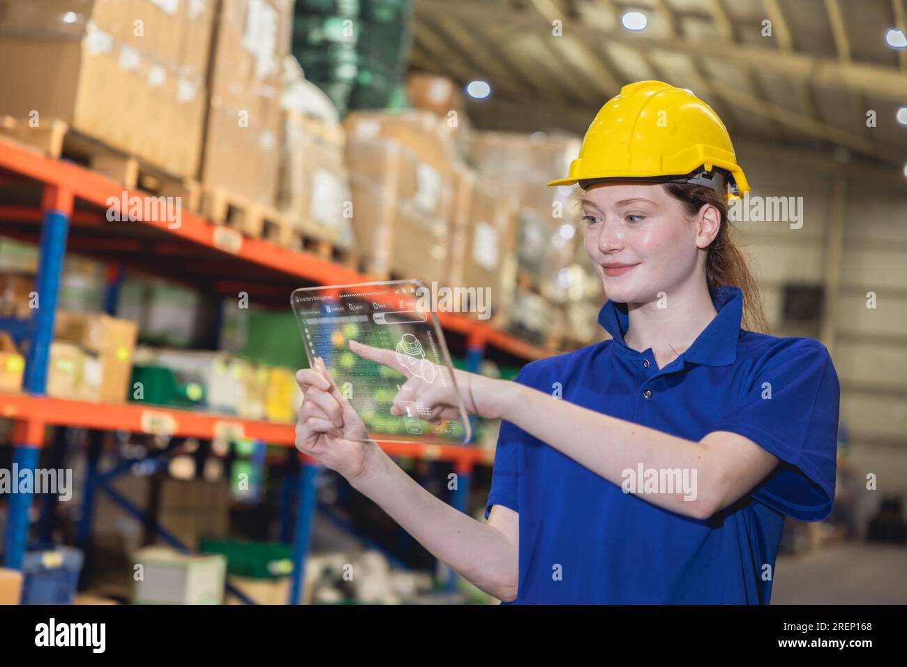 modern worker using digital tablet device with logistics inventory ...