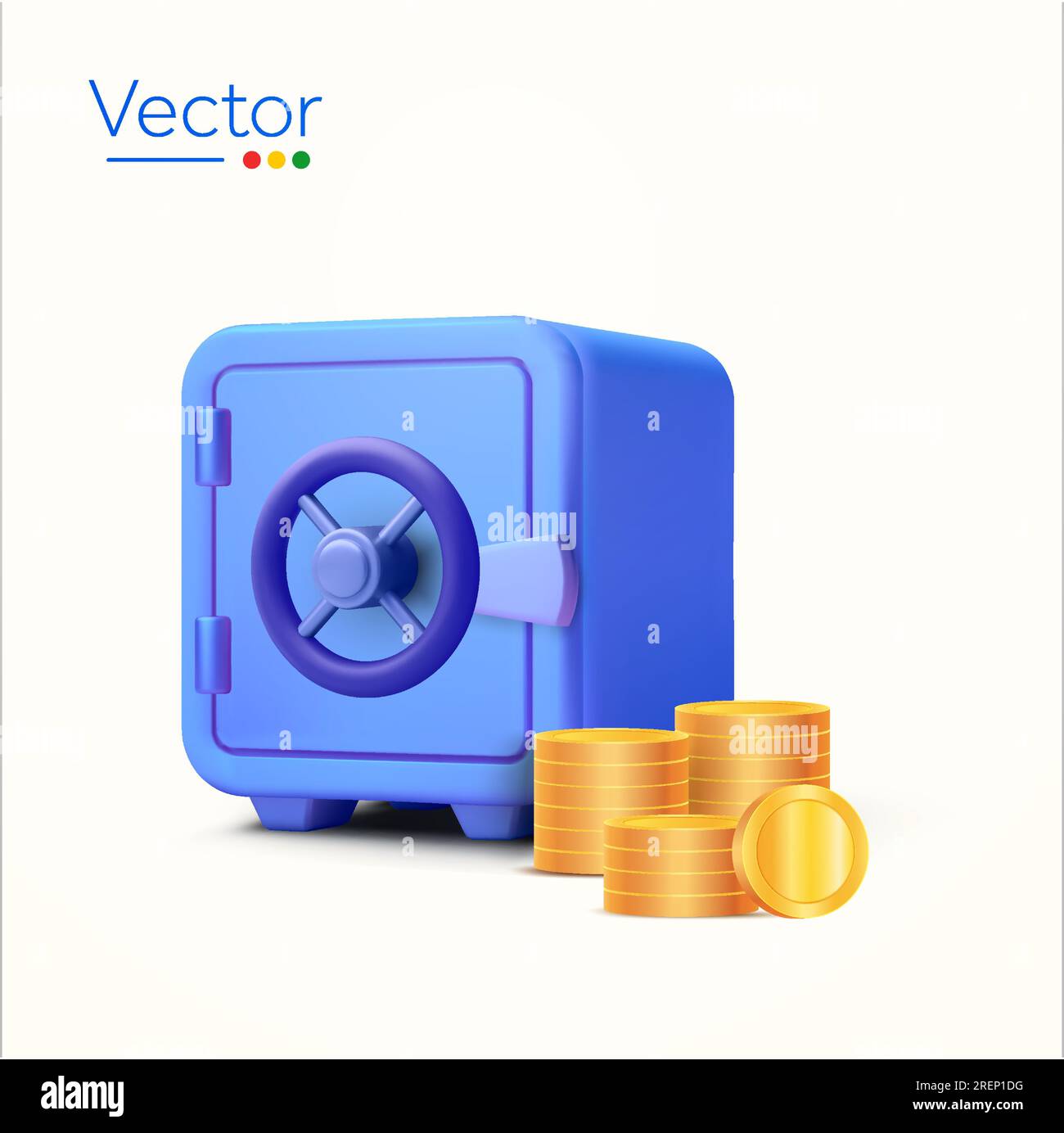 3d blue vault or Safe box, stacks of coins in minimal style, isolated ...