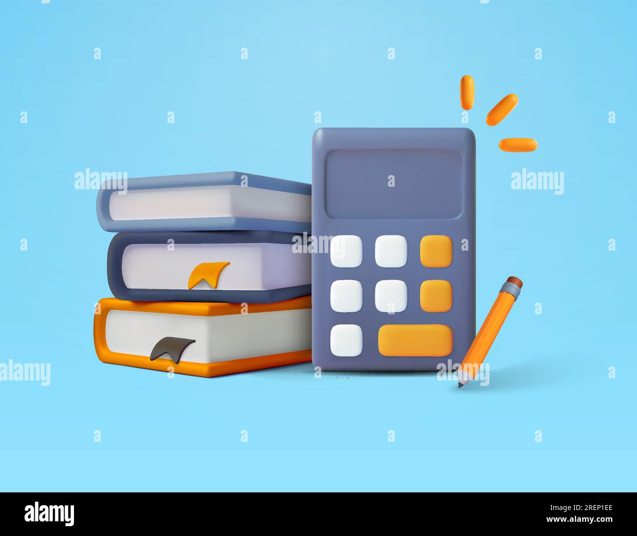 3d pile of books with bookmark, calculator, pencil, isolated on ...