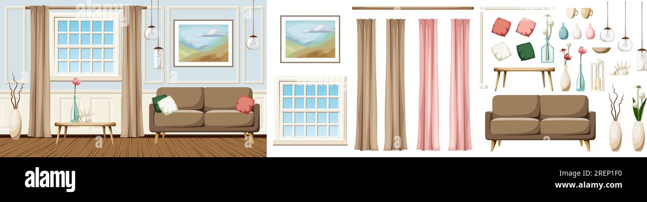 Classic living room interior design with a sofa, a window, a painting ...