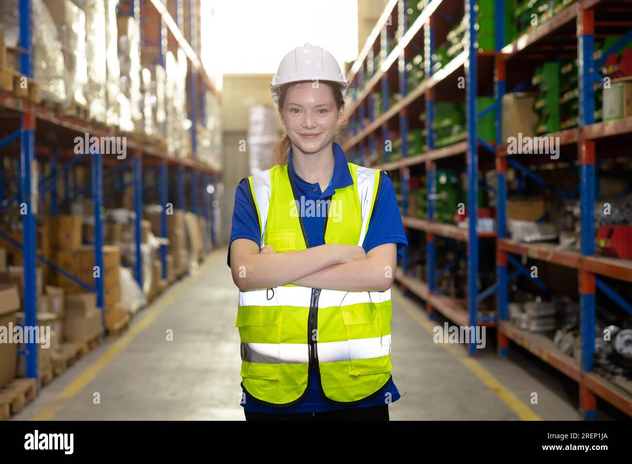 portrait happy young women warehouse worker working in products ...