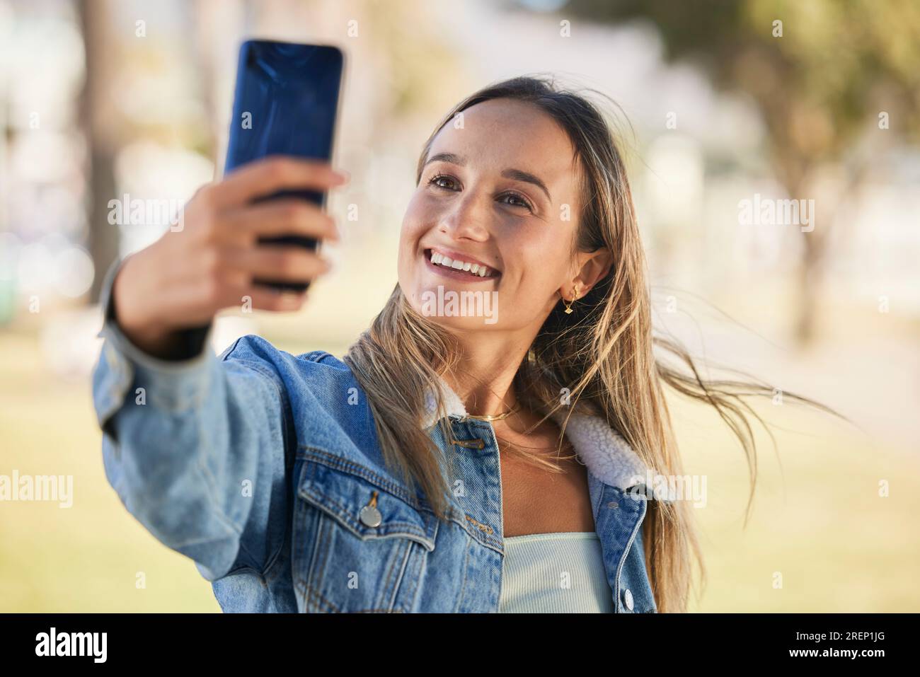 Happy Selfie Outdoor Nature And Woman Pose For Memory Picture Post To