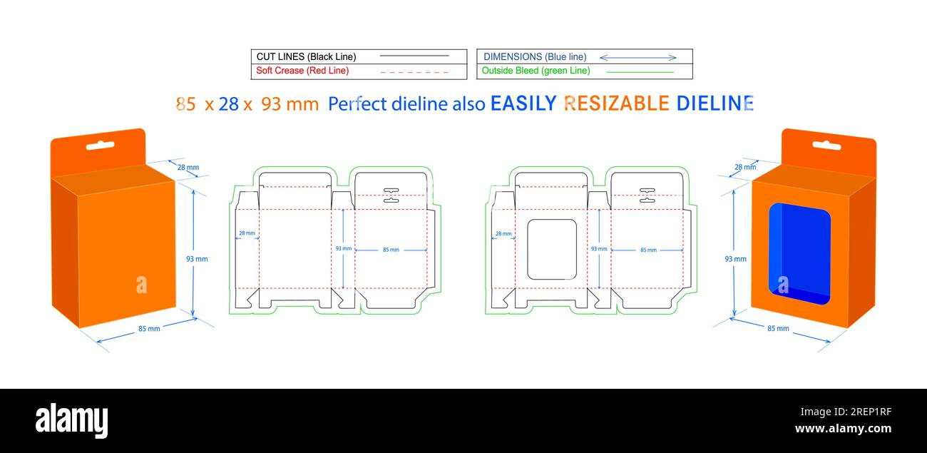 Snap bottom lock Hanging window box, 85 x 28 x 93 mm box dieline ...