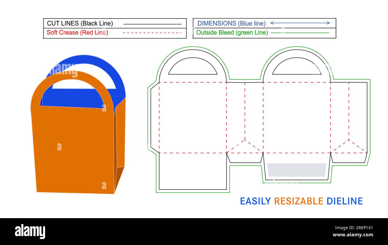 Paper shopping box with rounded handle, paper bag style box die line ...