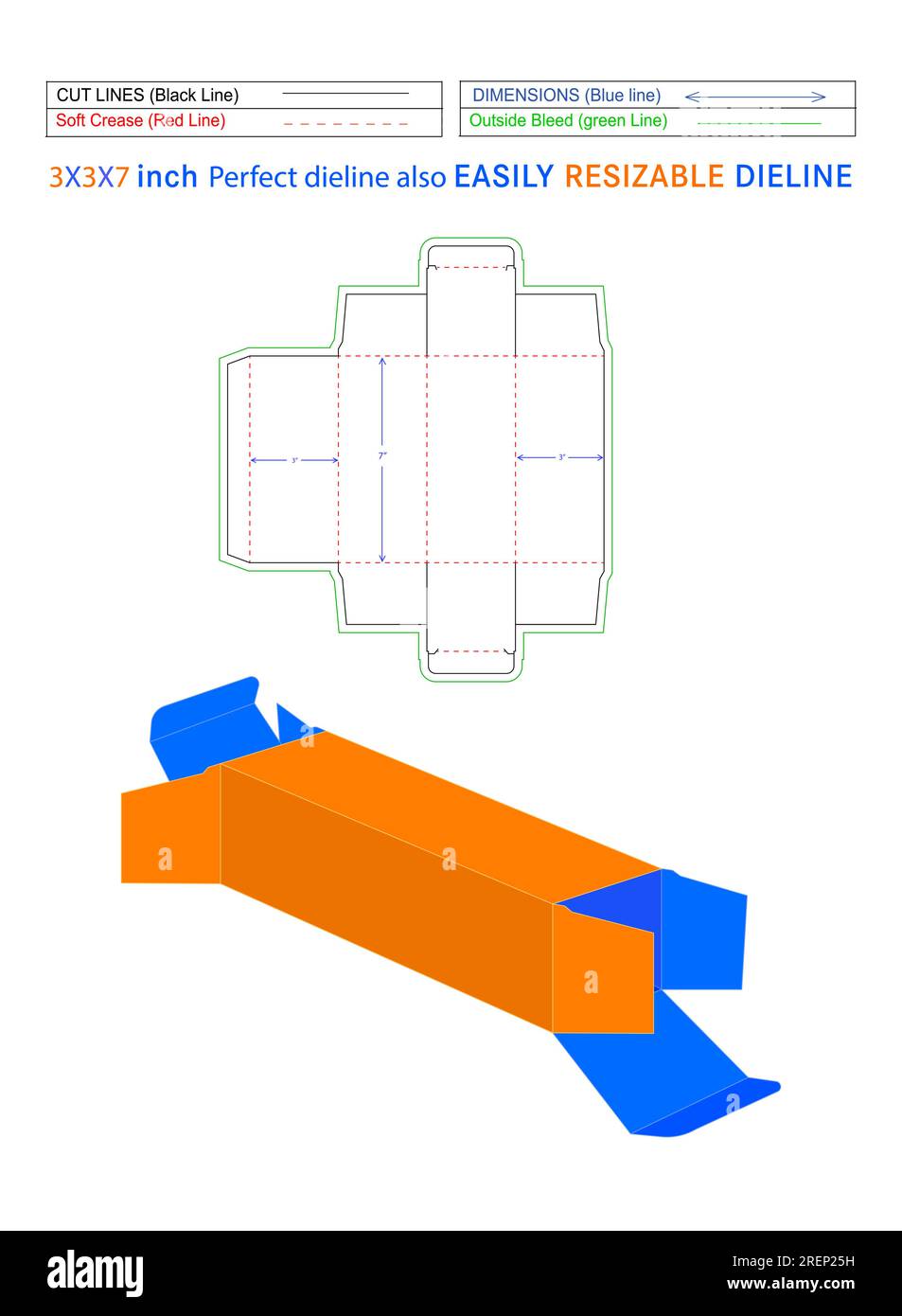 Straight tuck end boxes packaging 3X3X7 inch Die line template and 3D ...