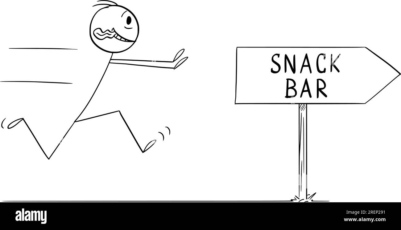 Hungry or Thirsty Person Running for Snack, Vector Cartoon Stick Figure ...