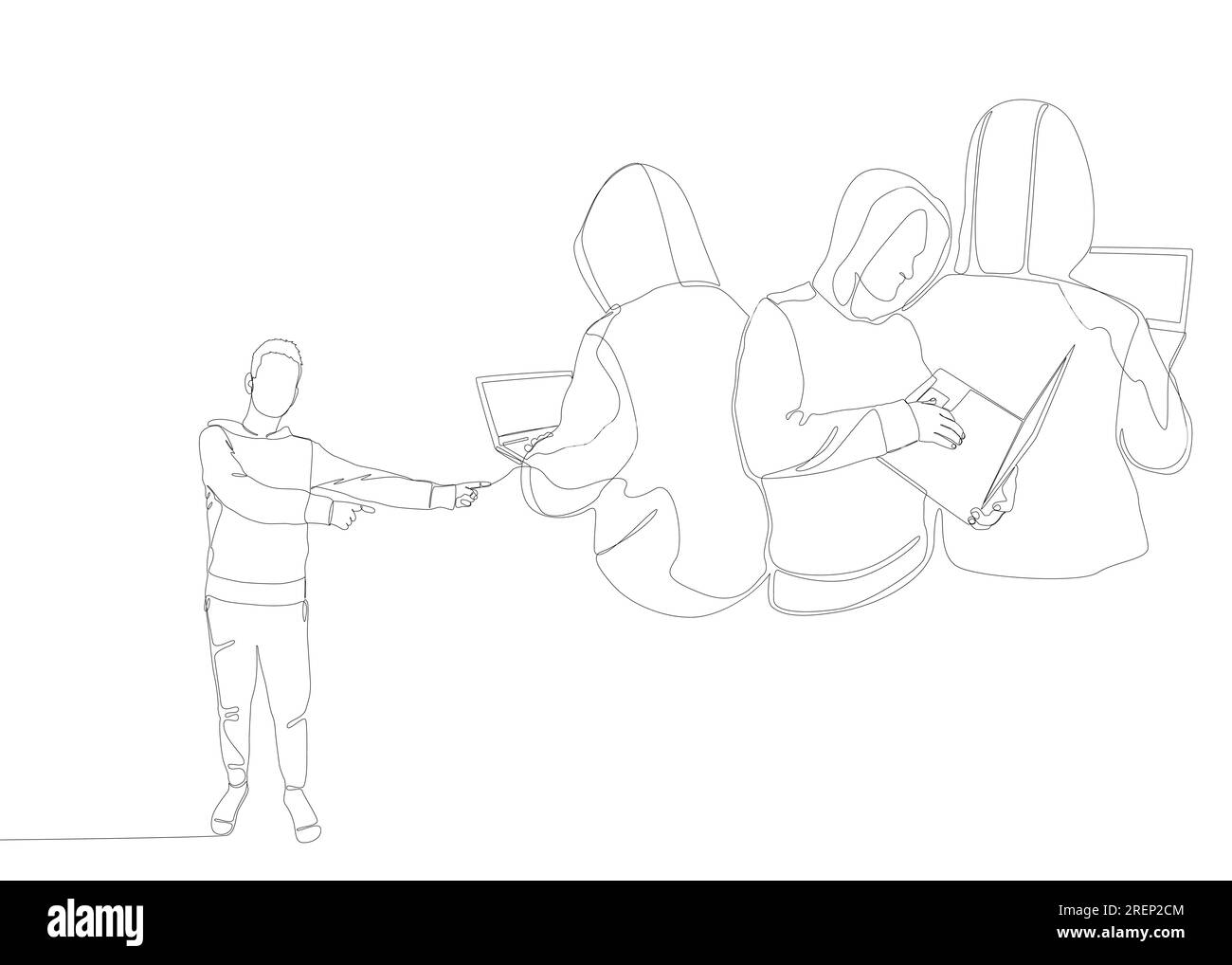One Continuous Line Of Man Pointing With Finger At Hacker Men Using Laptop Thin Line