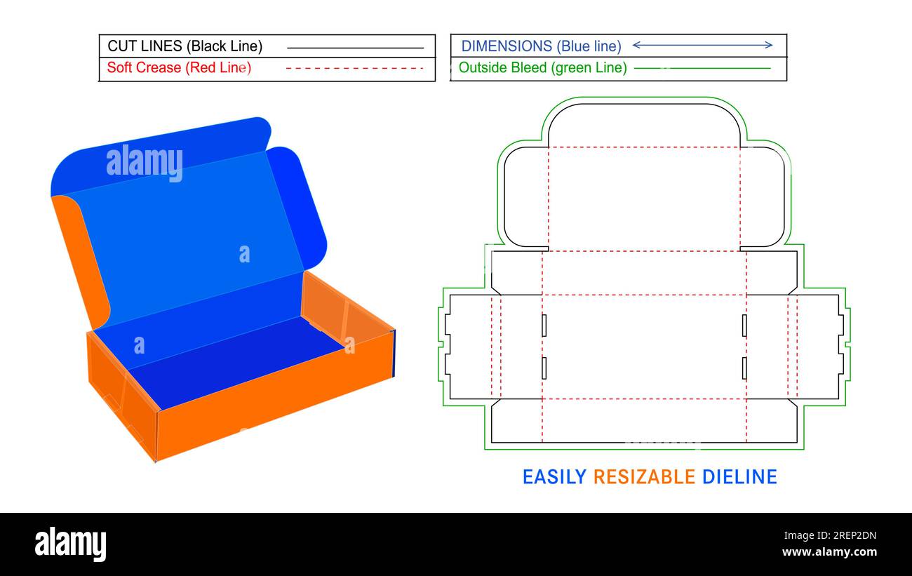 Resizeable mailer shipping box, roll end front tuck box die line and 3D ...