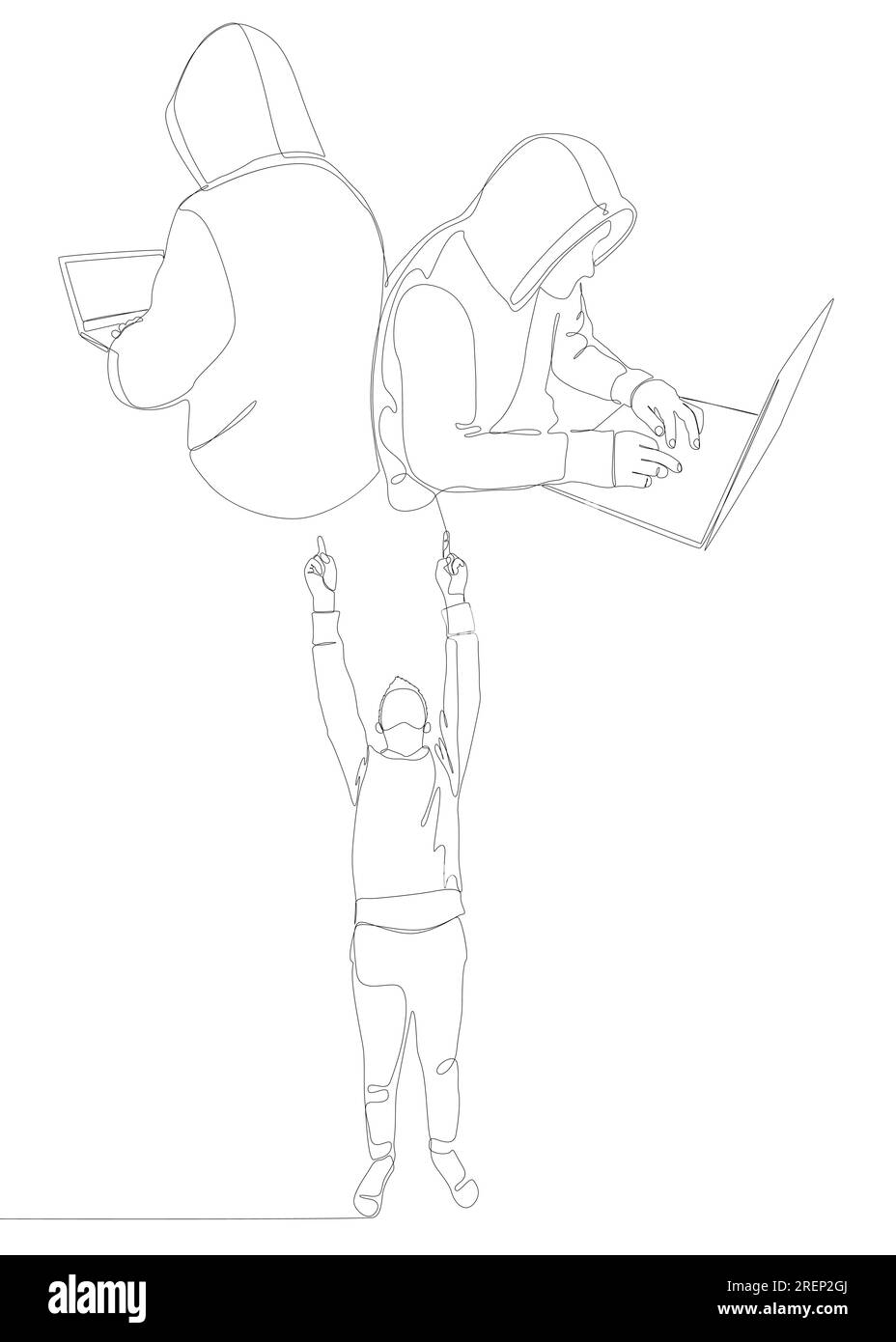 One continuous line of Man pointing with finger at Hacker, Men using ...