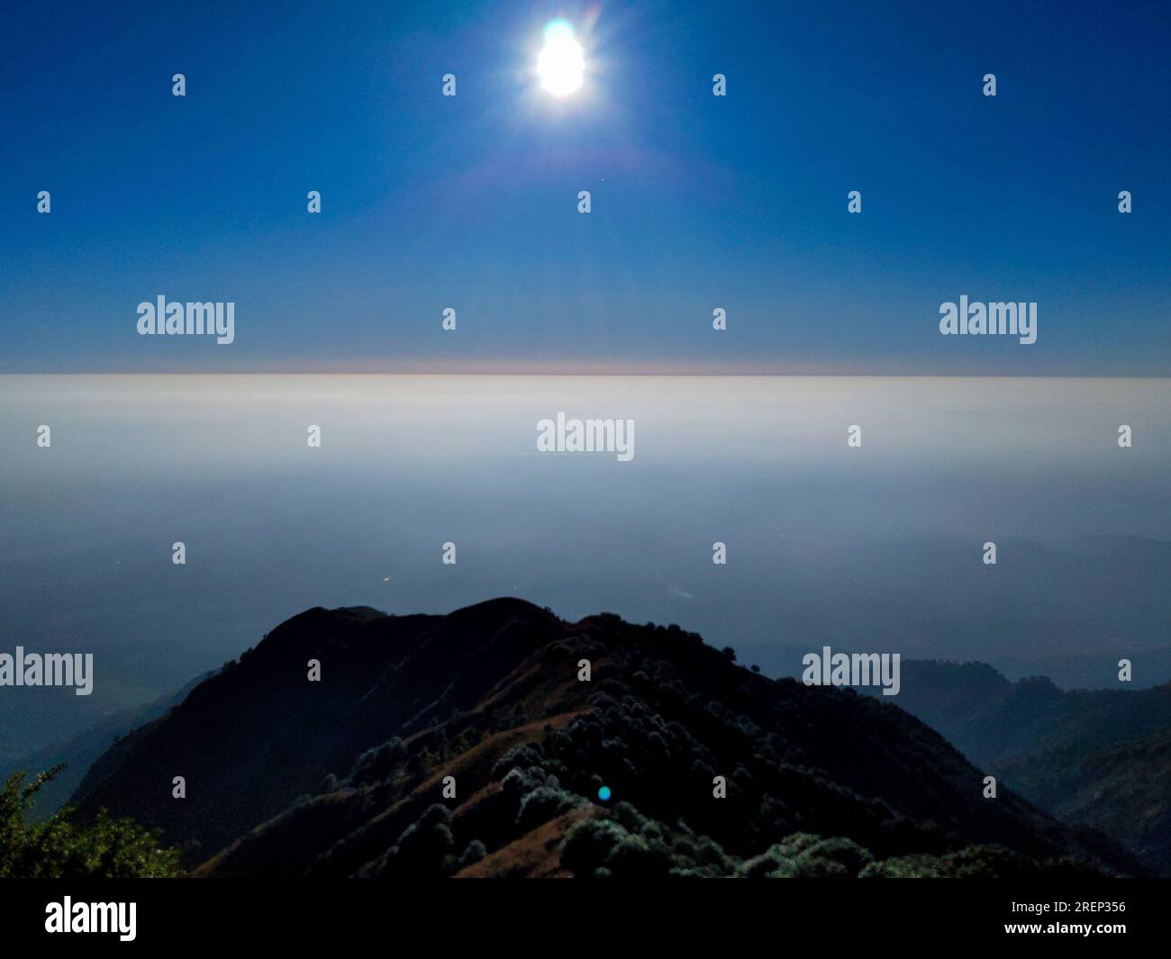 Bright winter sun illuminating mountain hill in Mussoorie, Uttarakhand ...