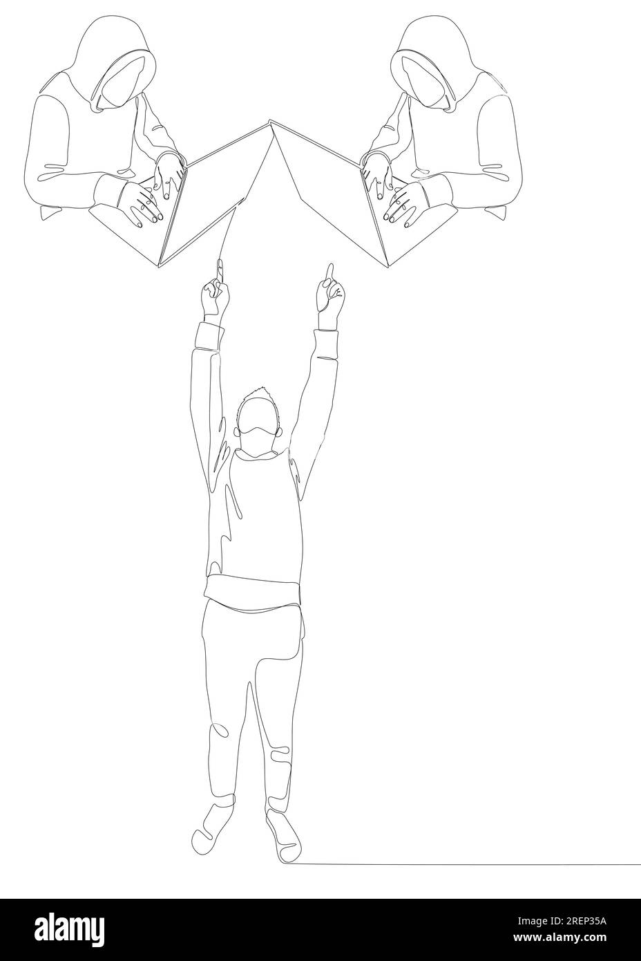 One Continuous Line Of Man Pointing With Finger At Hacker Men Using Laptop Thin Line