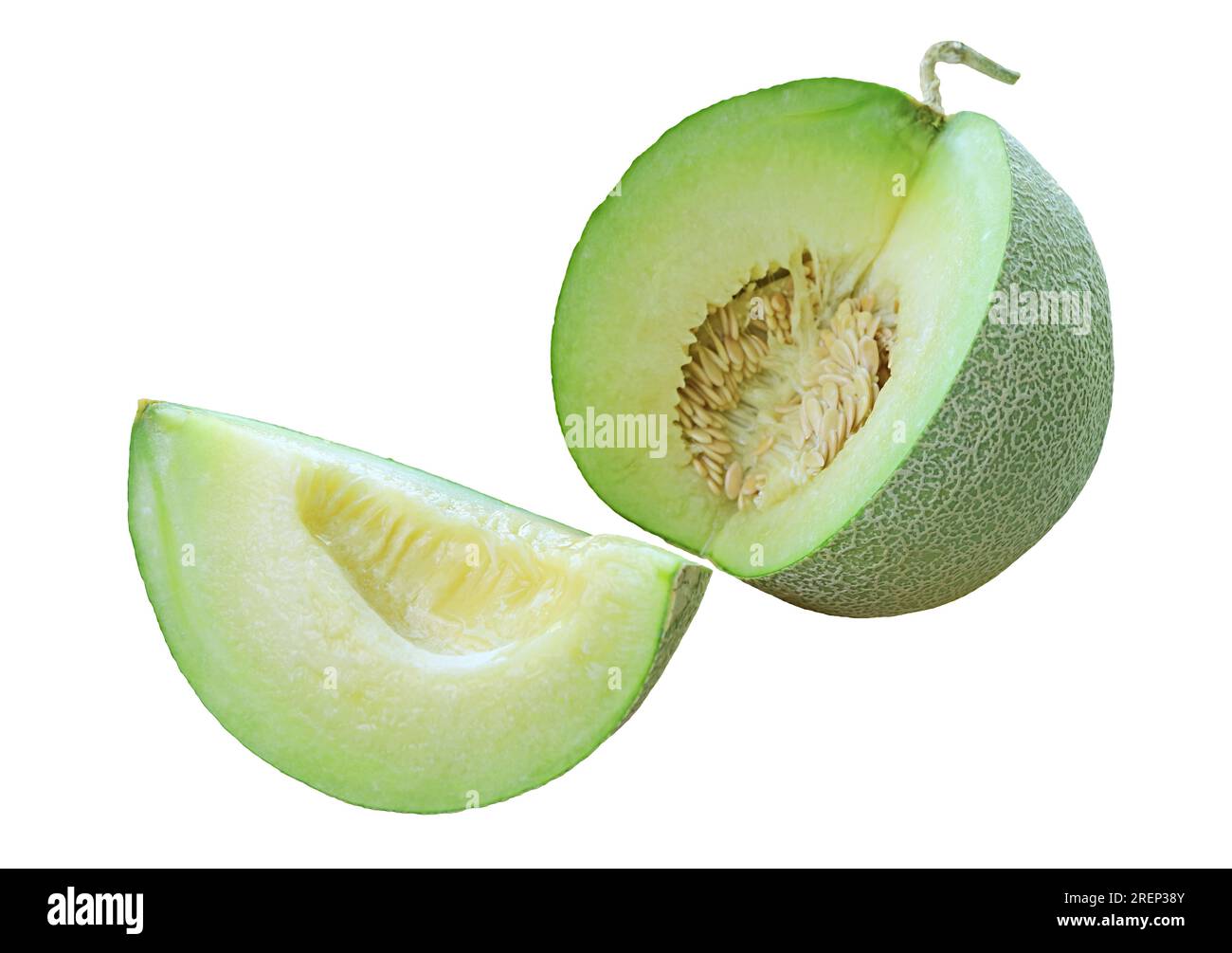 Fresh Ripe Muskmelon with a Juicy Slice Cut from Whole Fruit on white ...