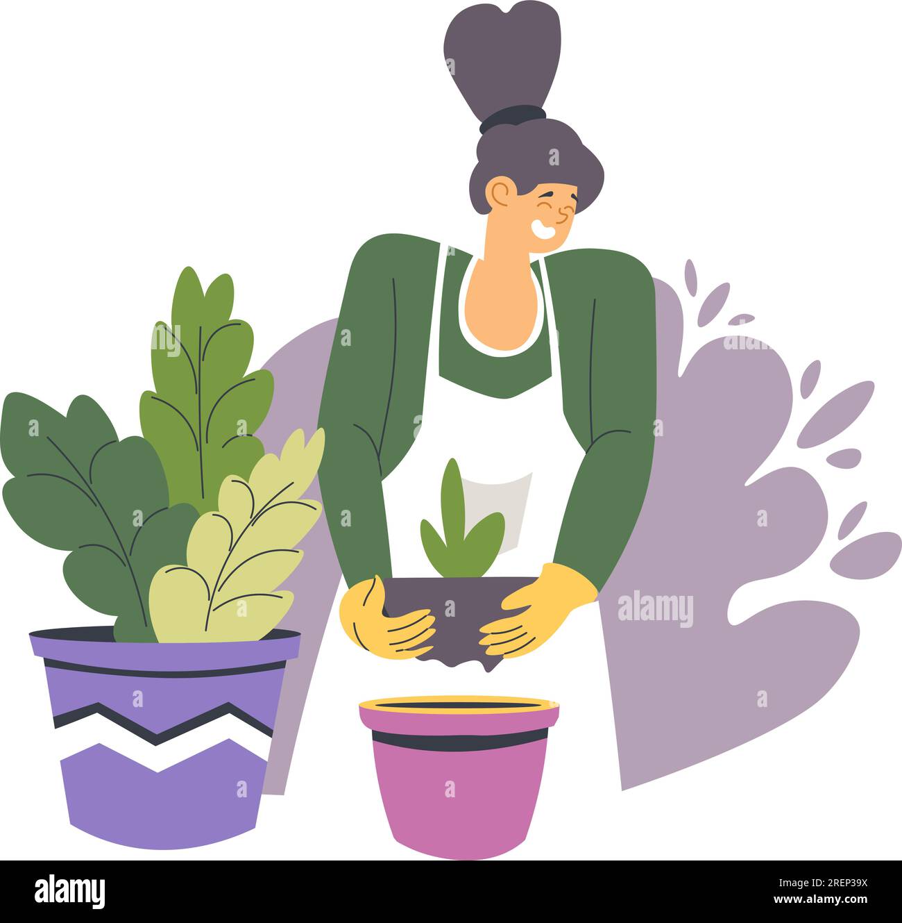 Female character planting woman with plants in pot Stock Vector Image ...