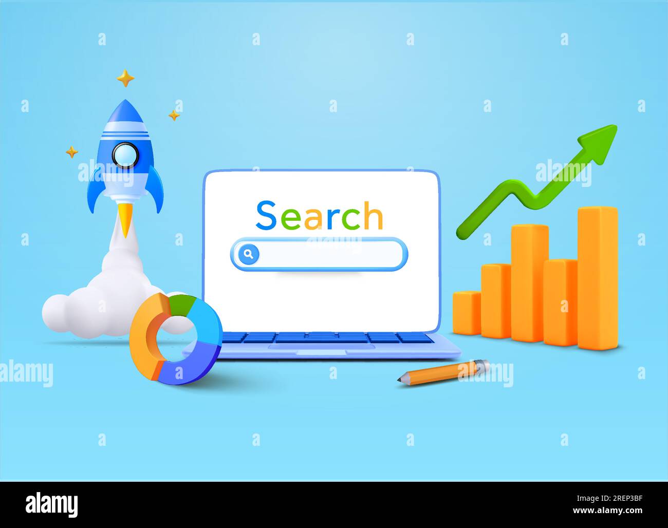 3d laptop with internet search bar, launching rocket, donut chart ...