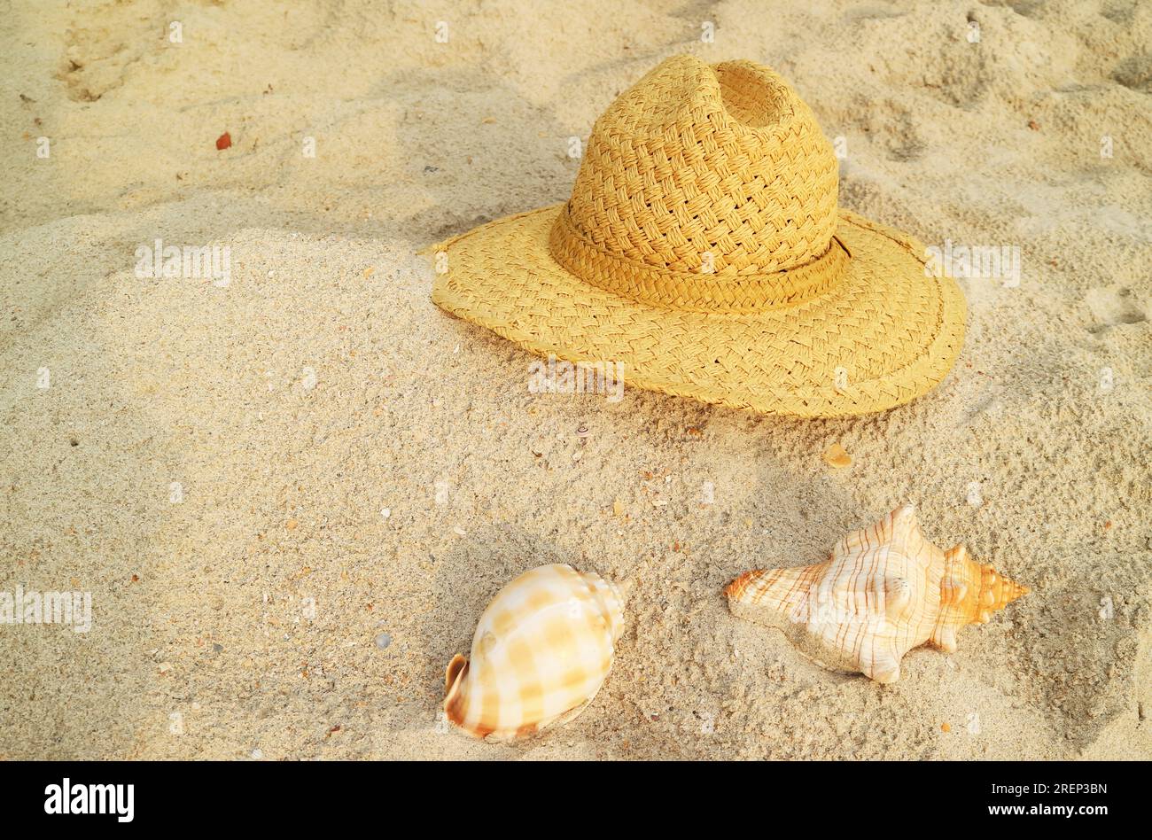 Straw hat on the sandy beach with two types of beautiful natural ...