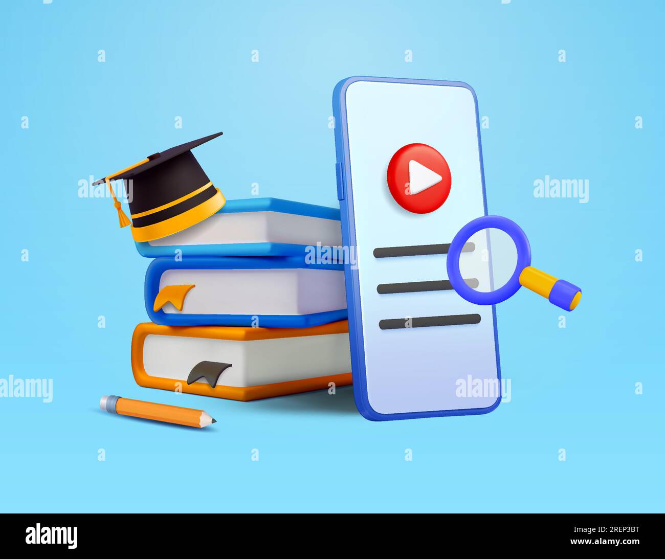 3d smartphone with video play icon, pile of books, graduation cap ...
