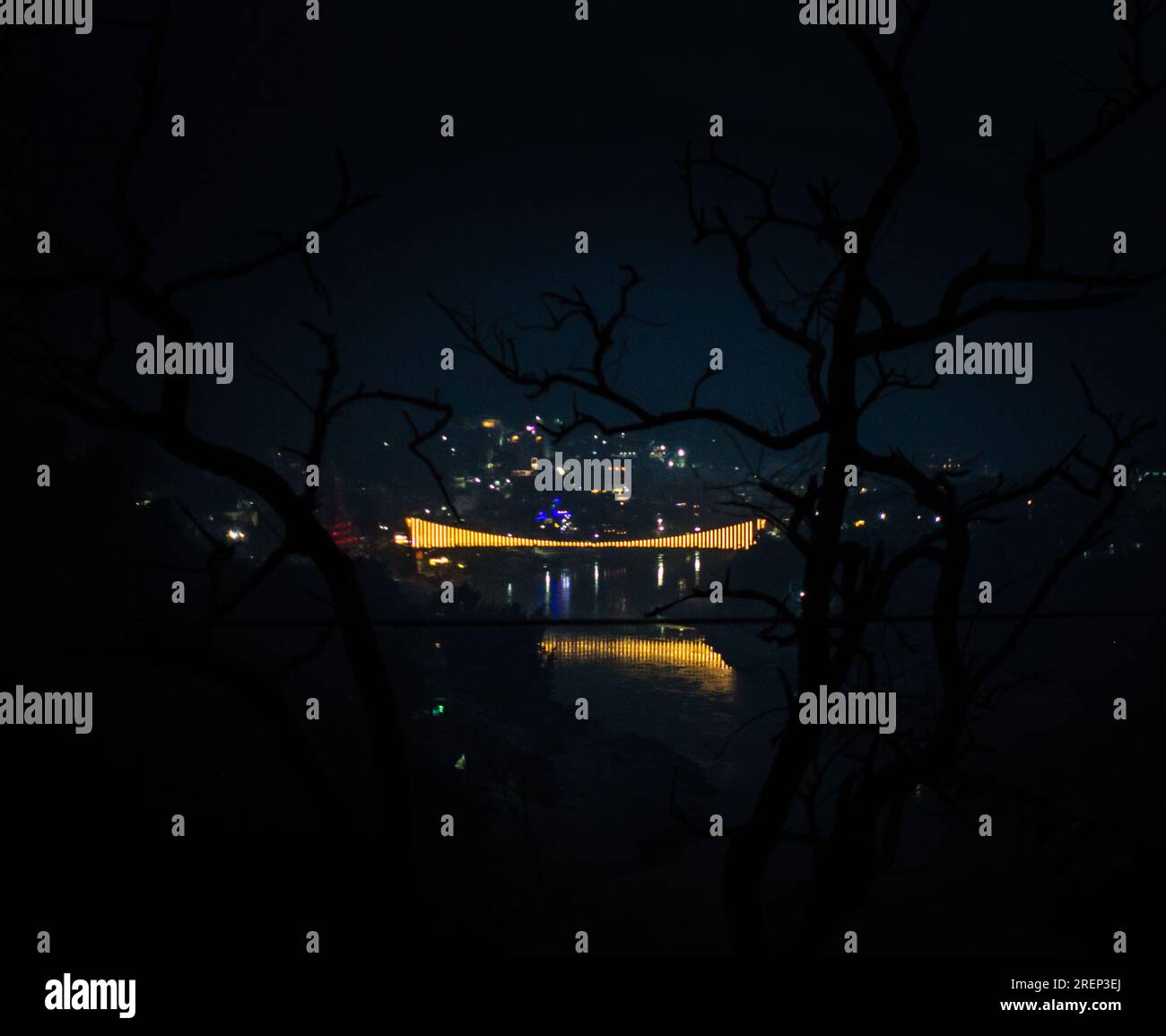 Lakshman Jhula, the ancient hanging bridge, beautifully lit with lights ...