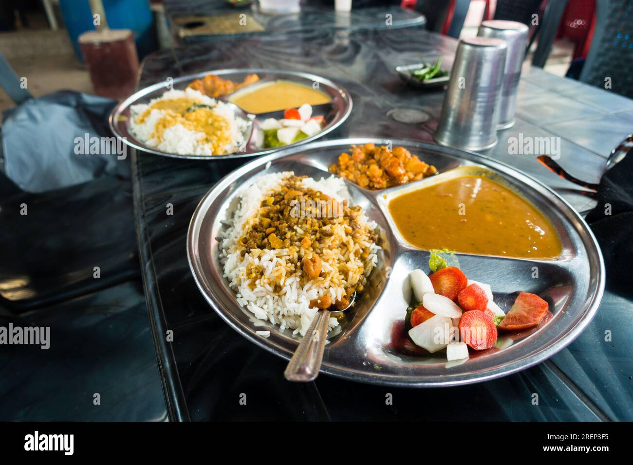 Delicious North Indian Platter: Dal, rice, and salad at a rustic Dhaba ...