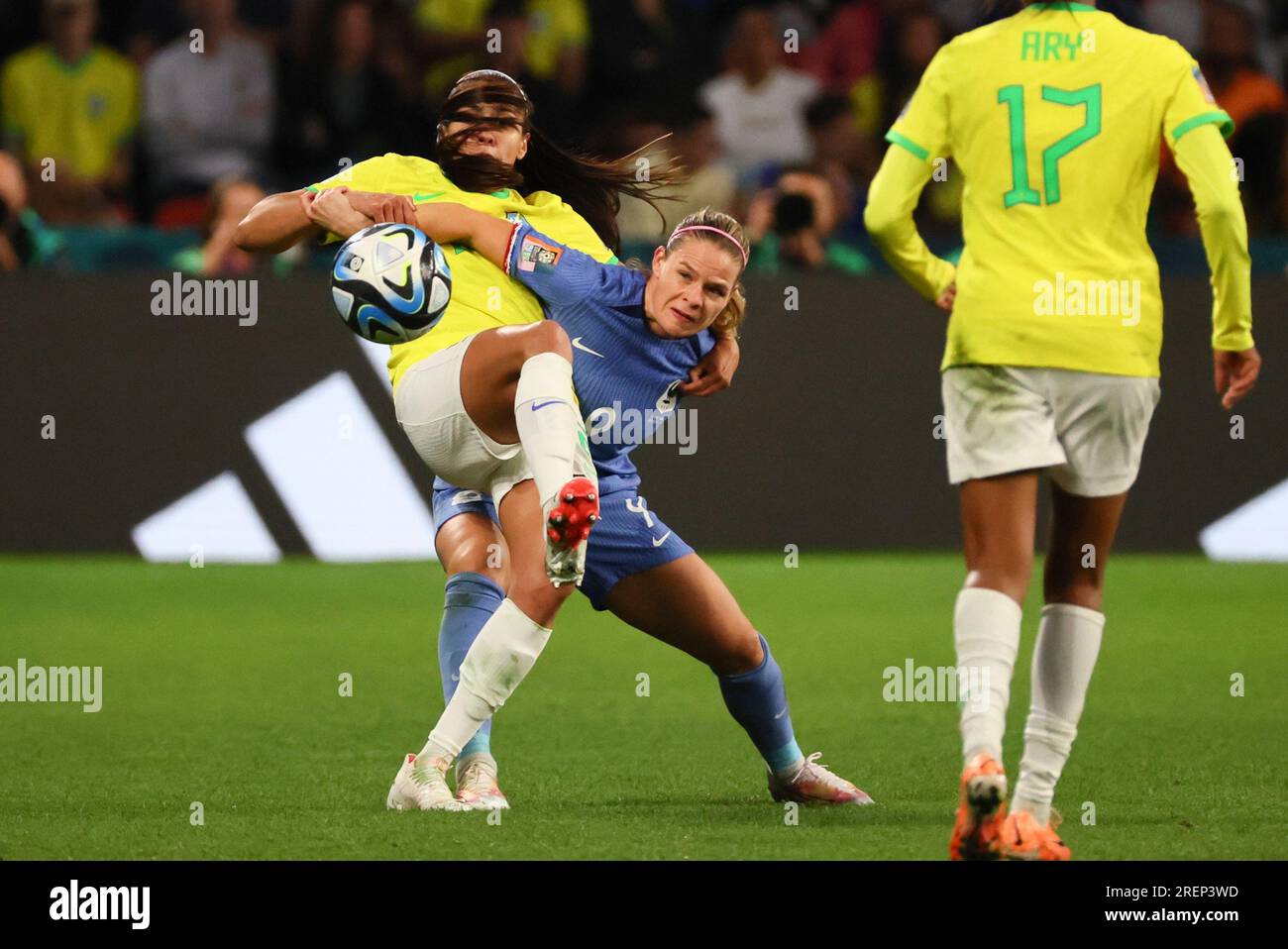France's Eugenie Le Sommer and Brazil's Andressa, left, compete for the ...