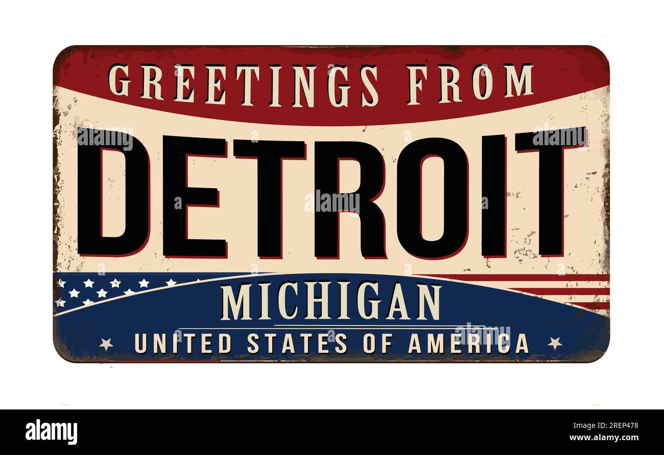 Greetings from Detroit vintage rusty metal sign on a white background ...