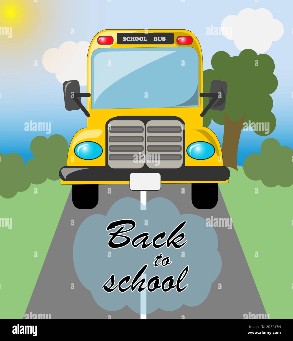 Back to school inscription and cartoon school bus. Trees, sky, bushes ...