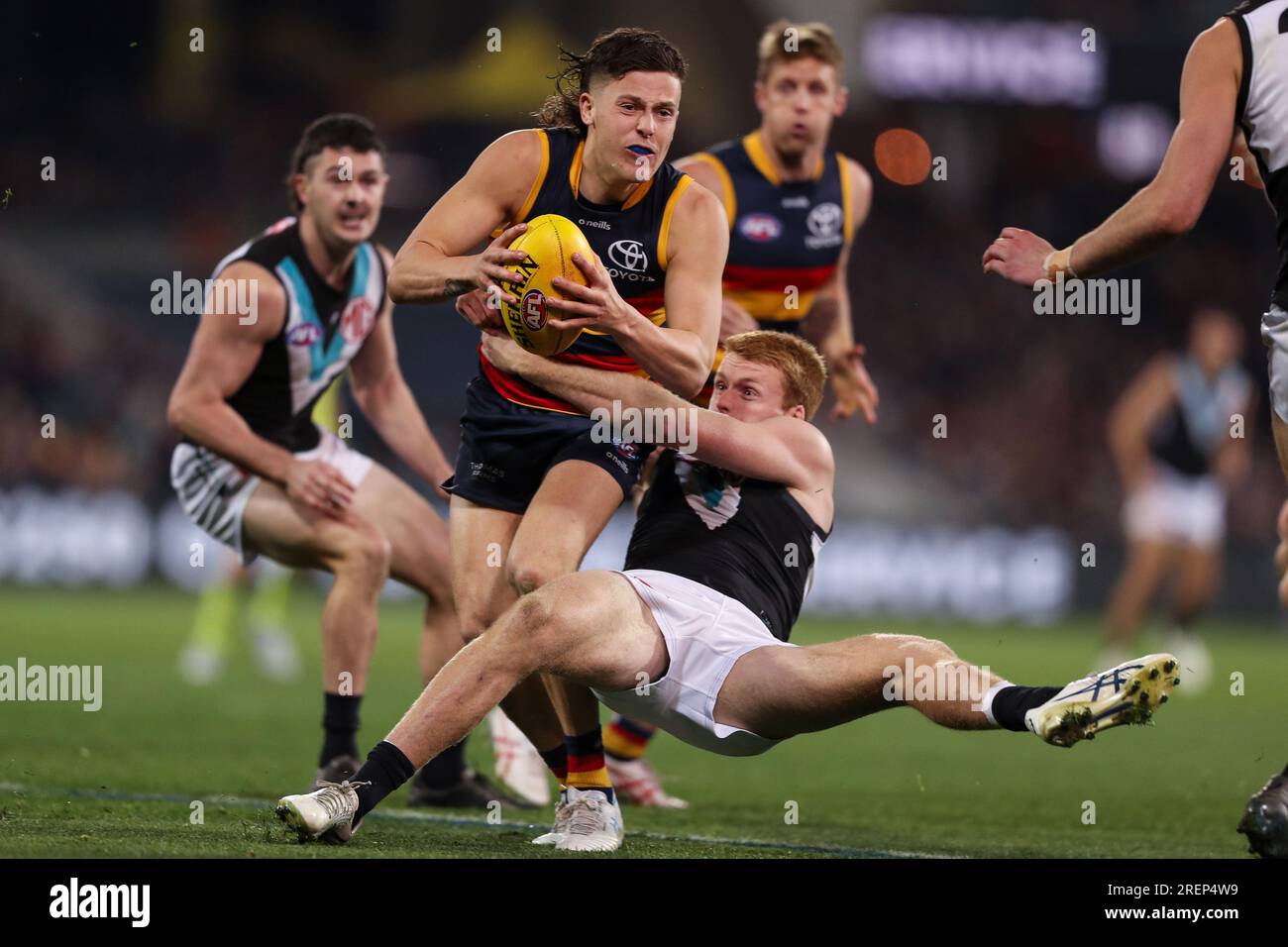 Adelaide, Australia. 29th July, 2023. Jake Soligo of the Crows is ...