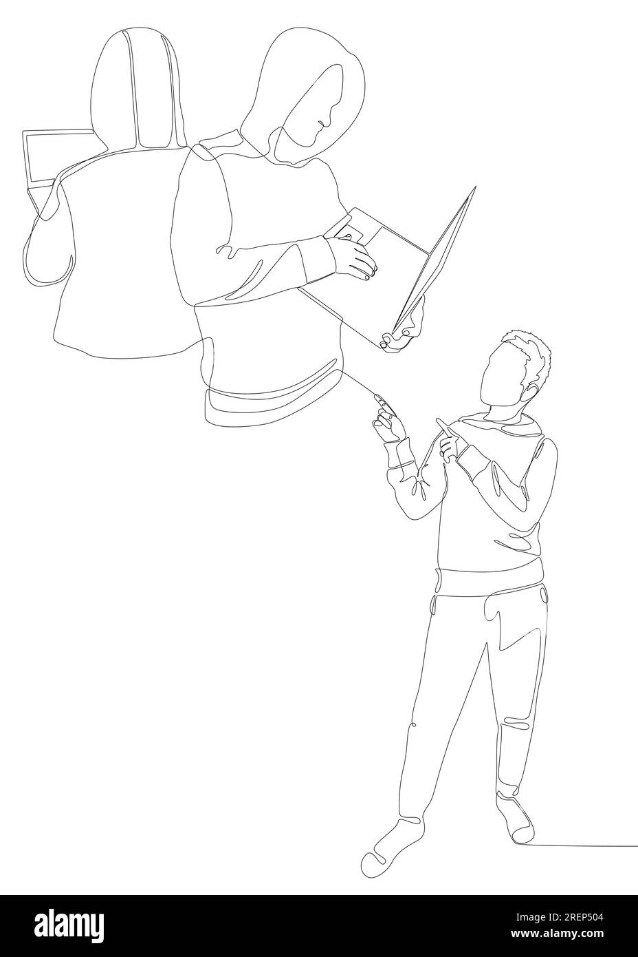 One continuous line of Man pointing with finger at Hacker, Men using ...