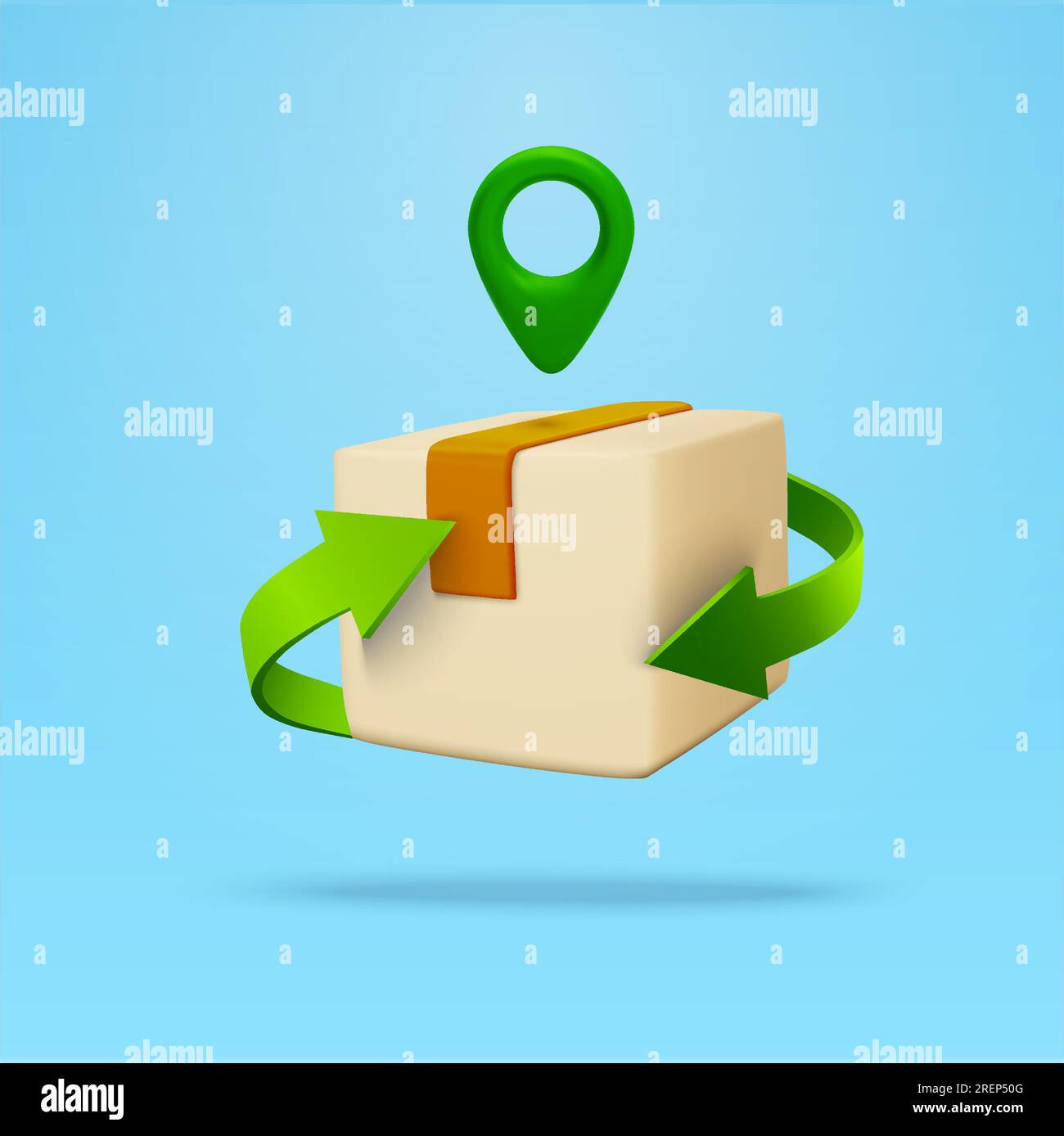 3d cargo package, crate shipment with pin icon, map marker, green cycle ...