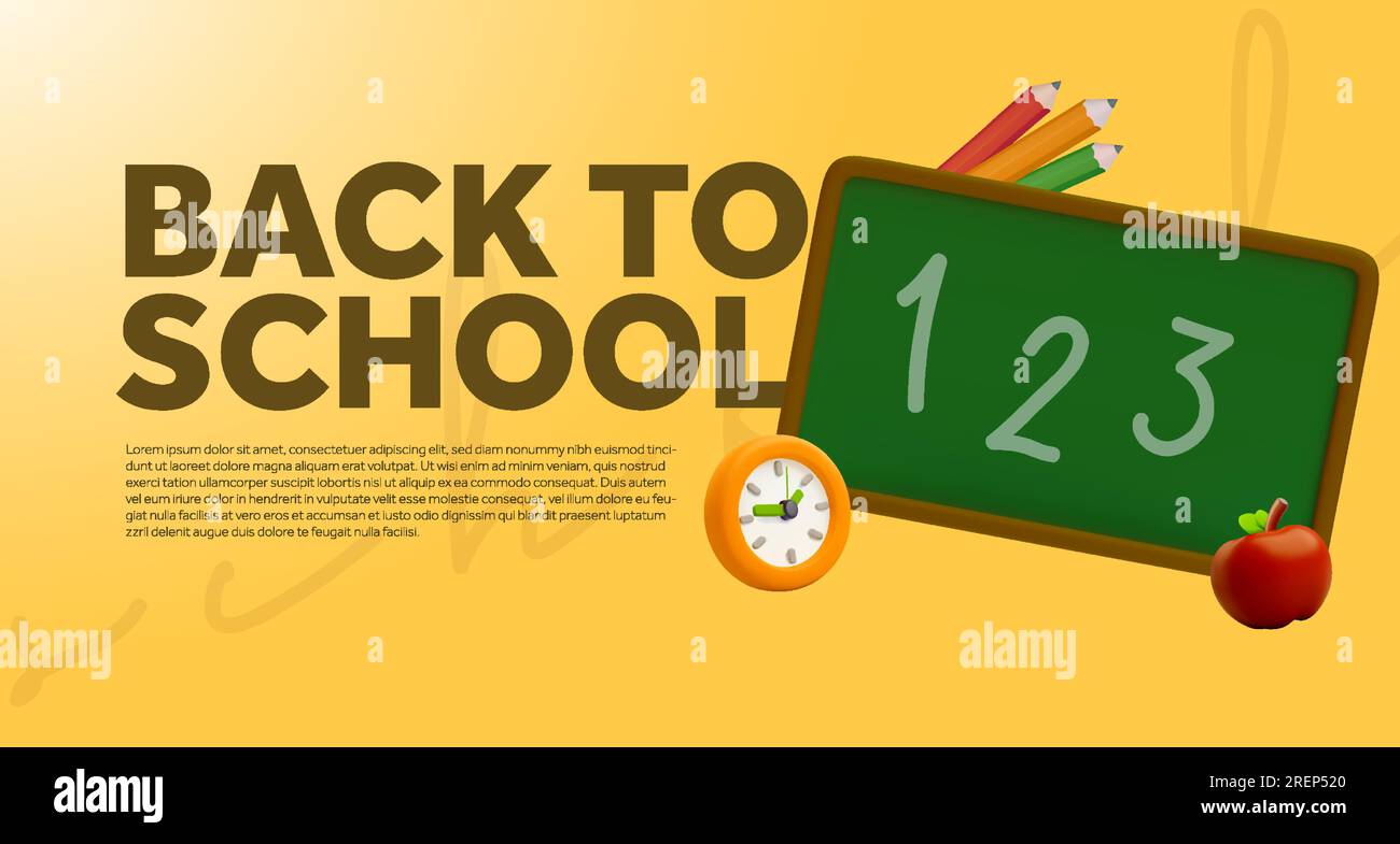 3d chalkboard with written numbers, colored pencils, clock, apple ...