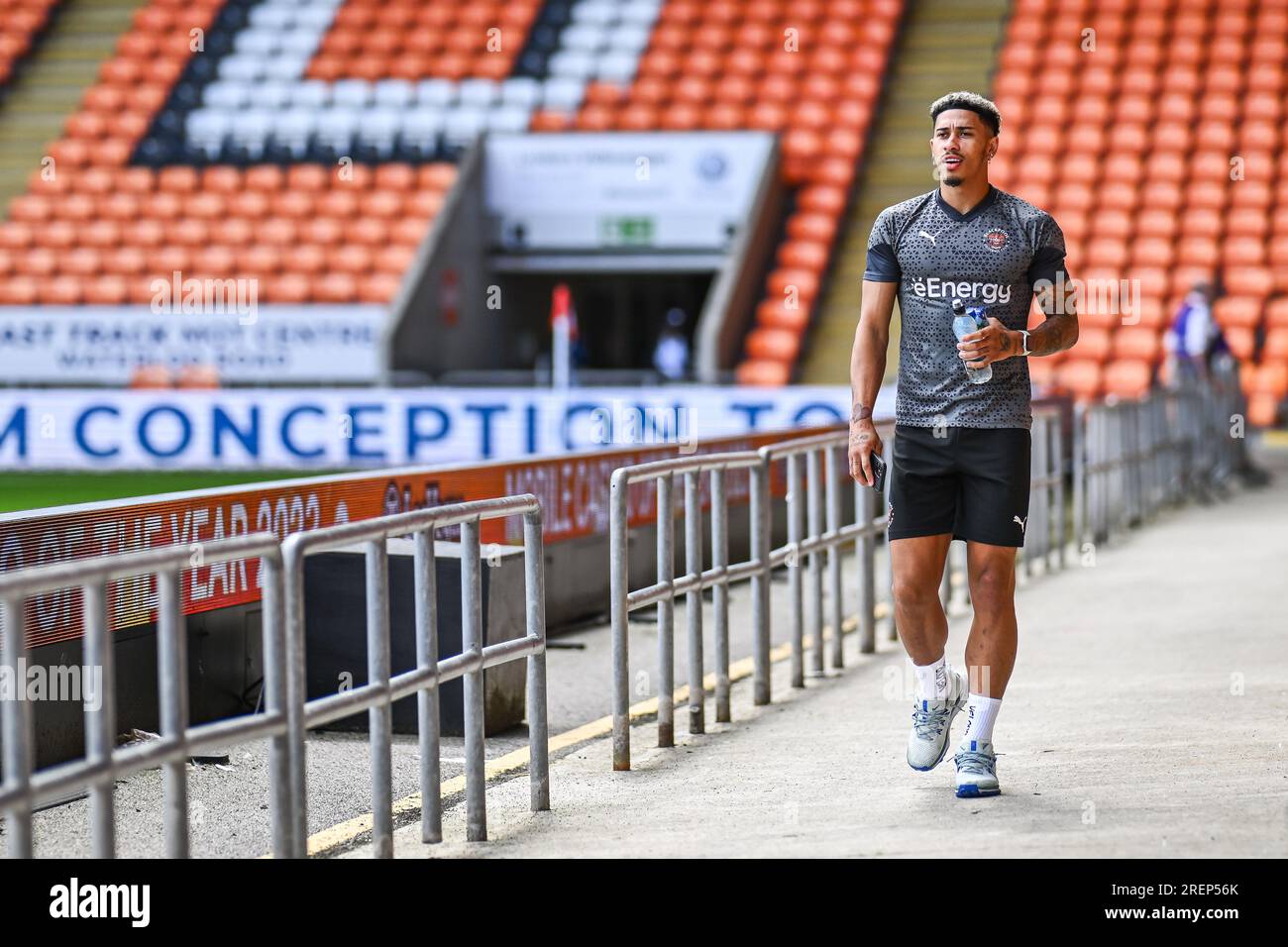 Jordan Lawrence-Gabriel #4 of Blackpool arrives ahead of the Pre-season ...