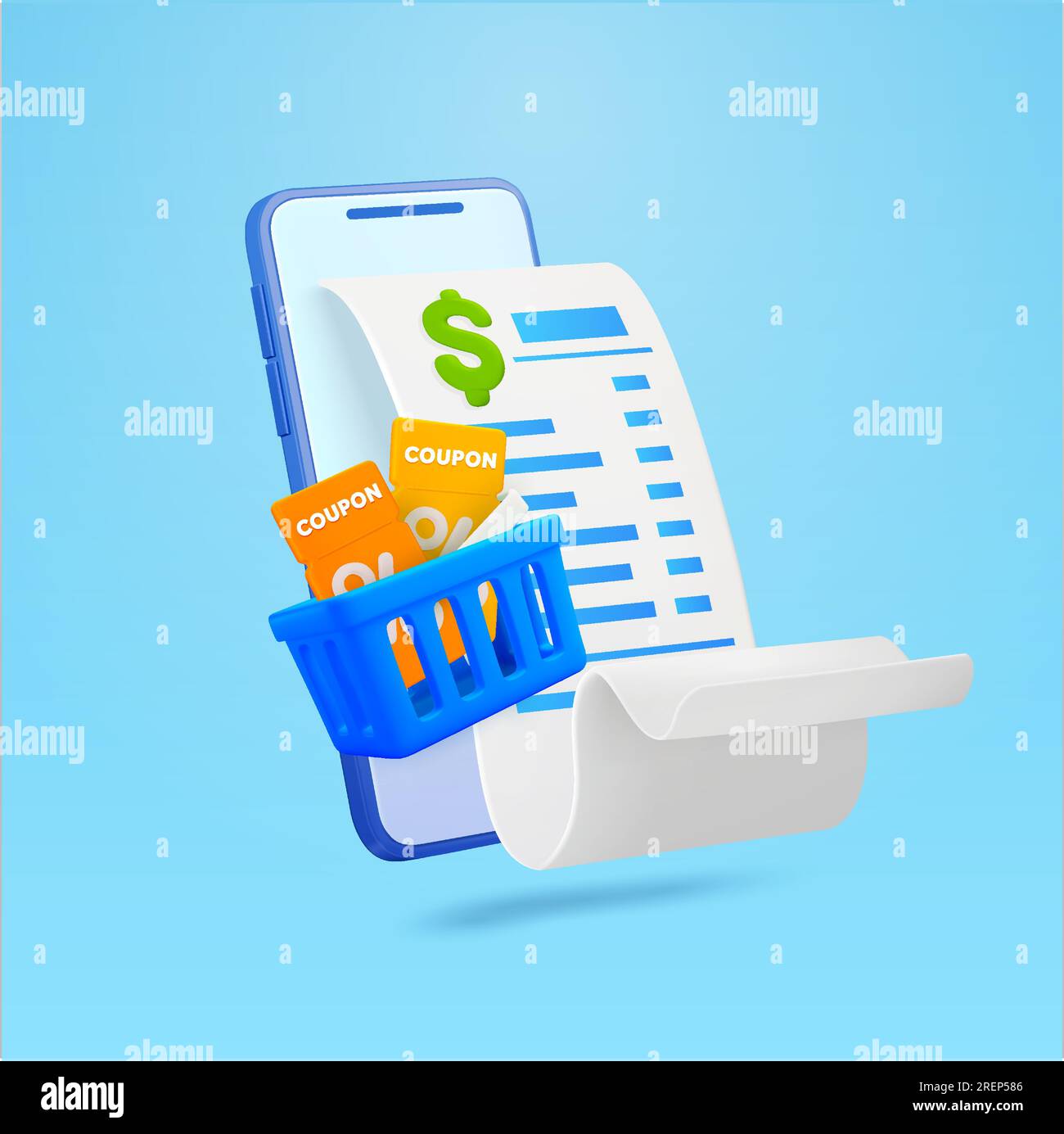 3d smartphone with bill or receipt, shopping basket with coupons ...