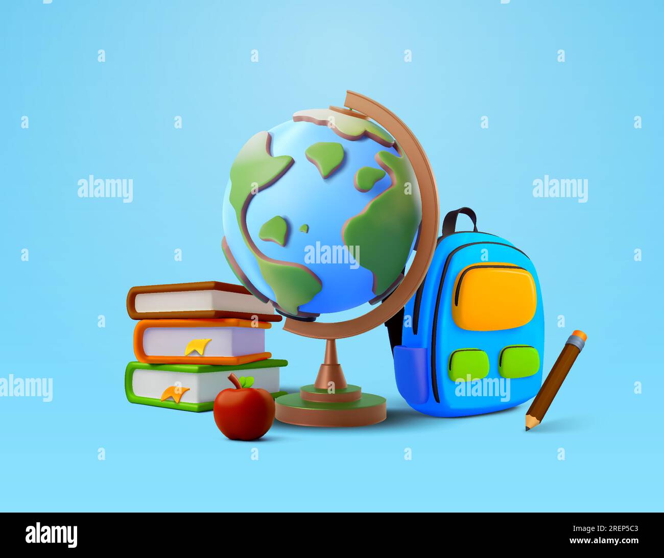 3d stack of books with globe or earth, apple, backpack pencil, isolated ...