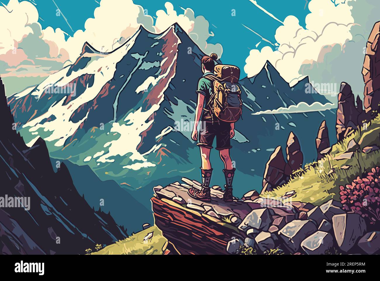 Mountain hiking. Man with backpack, traveller or explorer standing on ...