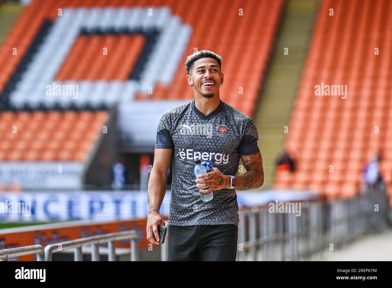 Jordan Lawrence-Gabriel #4 of Blackpool arrives ahead of the Pre-season ...