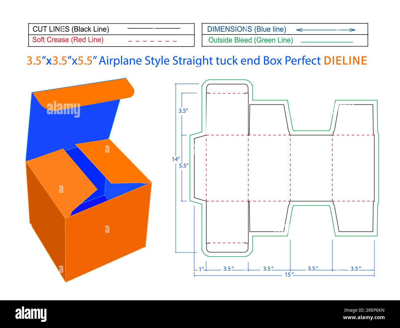 Airplane Style Straight tuck end box 3.5x3.5x5.5 inch die line template ...