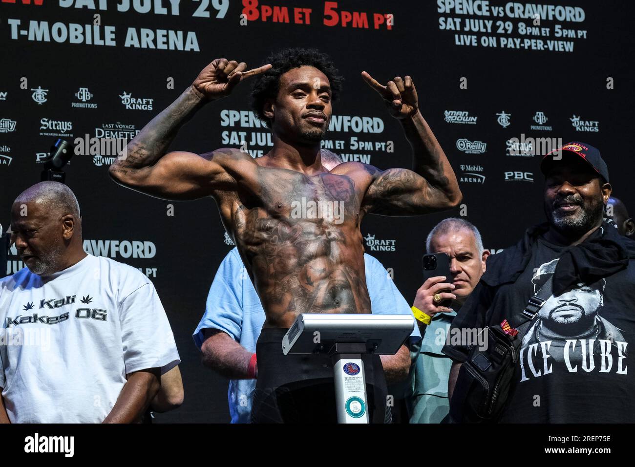 Las Vegas, Nevada, USA. 28th July, 2023. WBC, WBA & IBF champion Errol Spence Jr. weighs in at ...