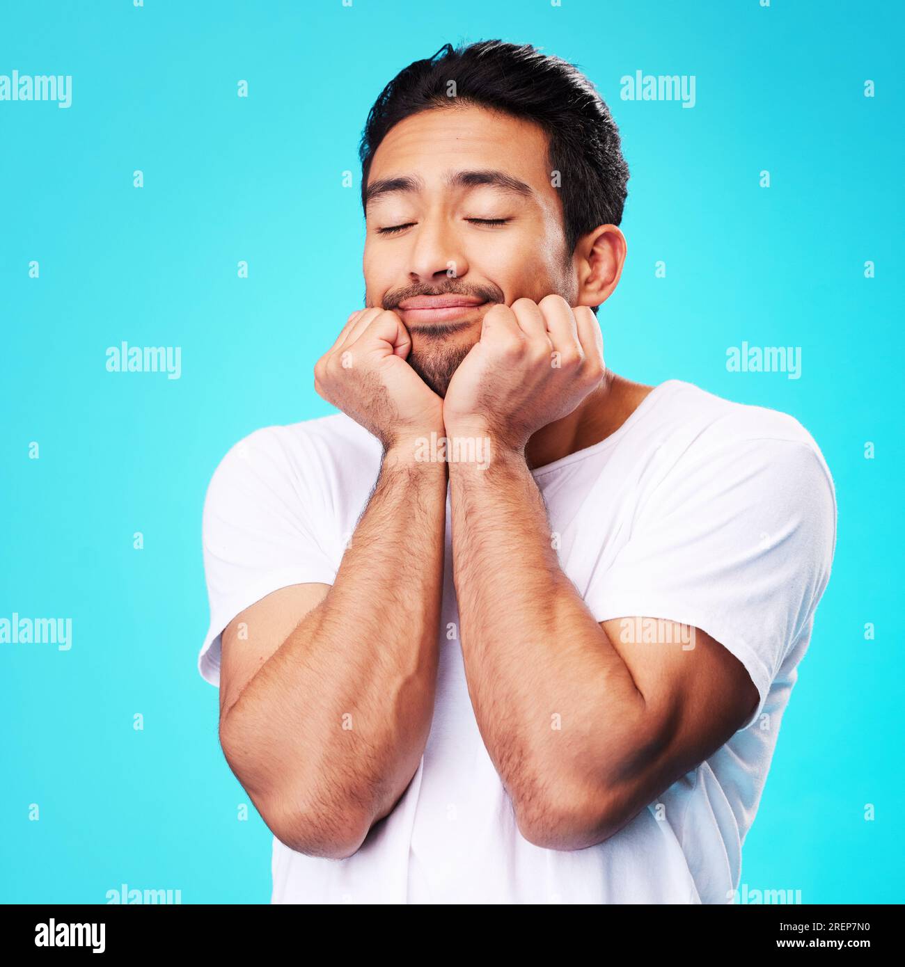 Calm, relax and man face in studio with sleeping with memory, smile and ...