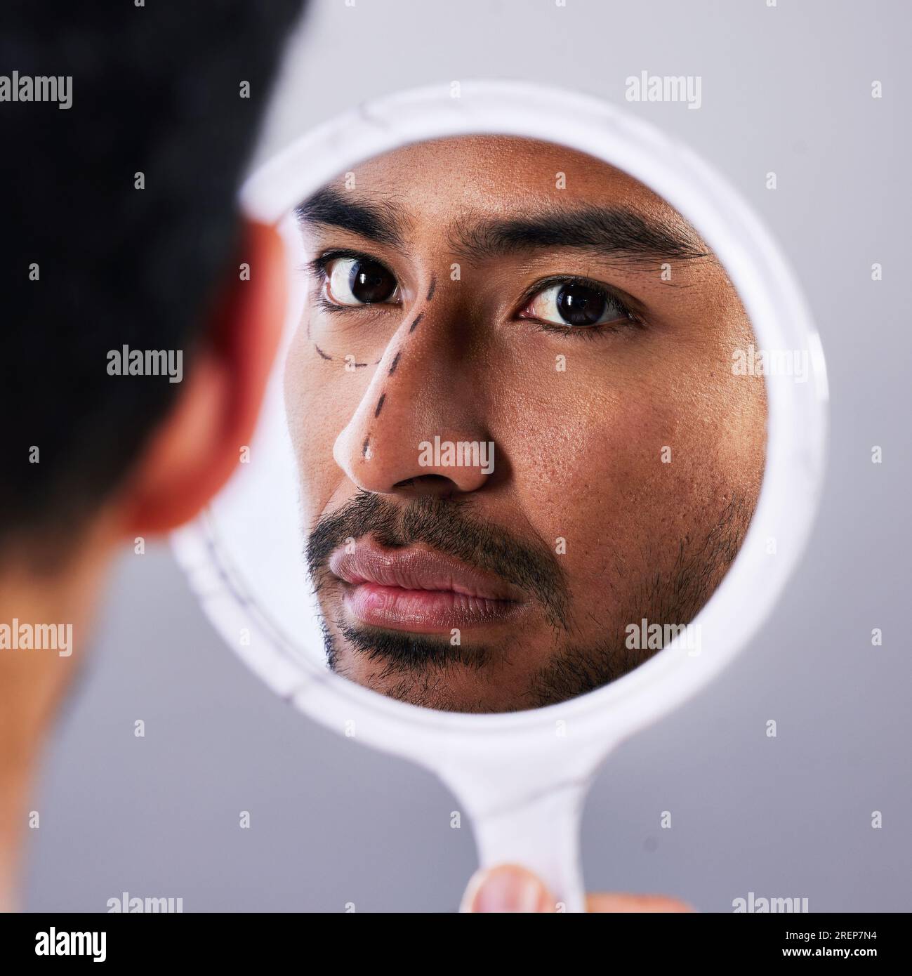 Plastic surgery, mirror and drawing with facial of man and lines for ...