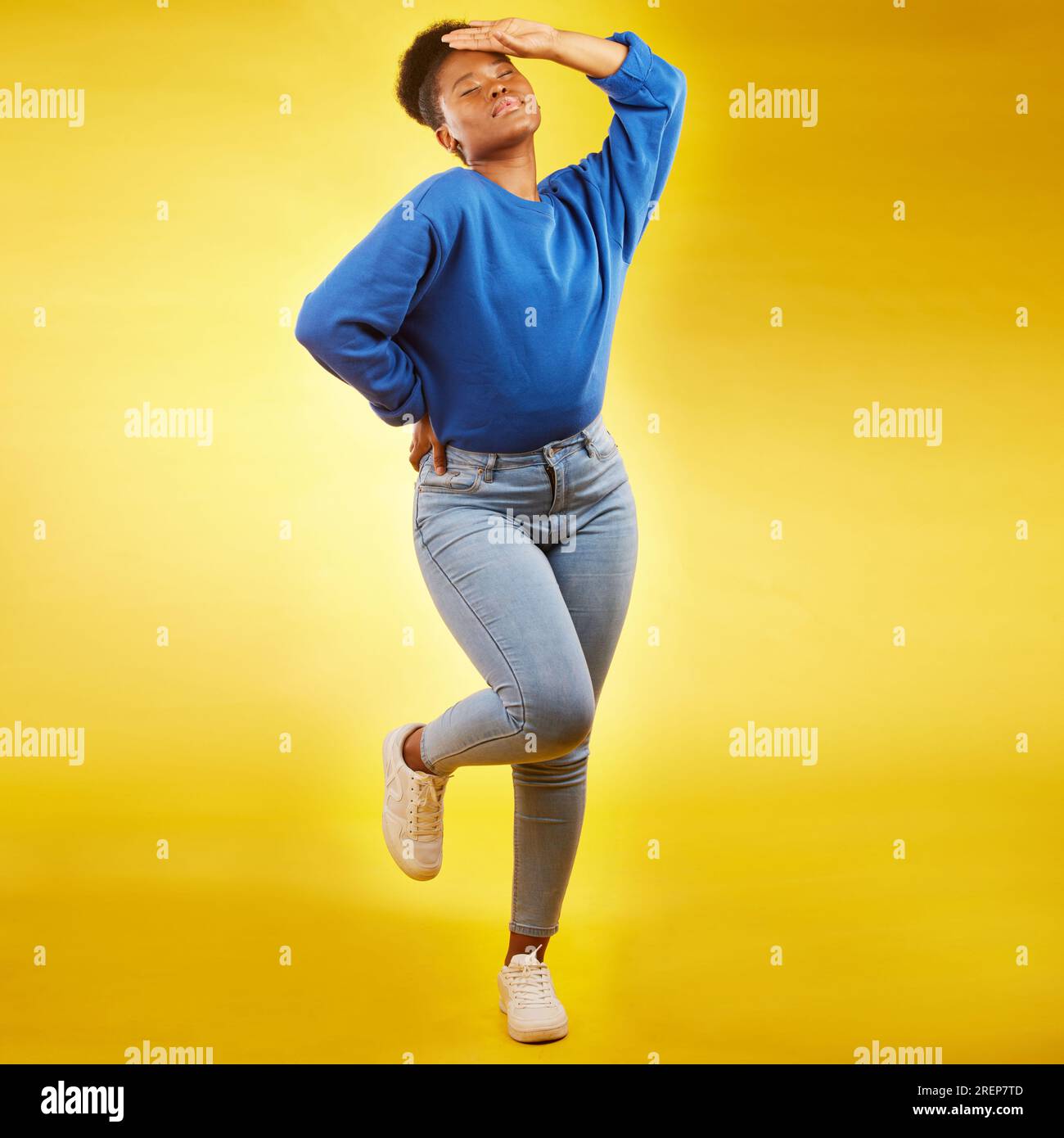 Fashion, faint and young black woman in casual jeans for style or ...