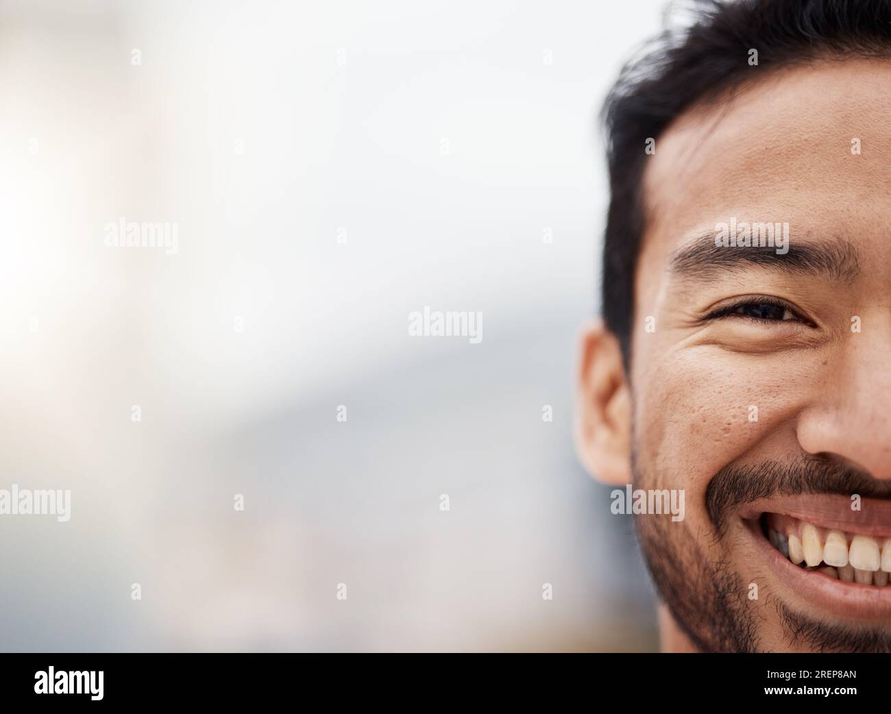 Happy, face and closeup with half of man in mockup, background for ...