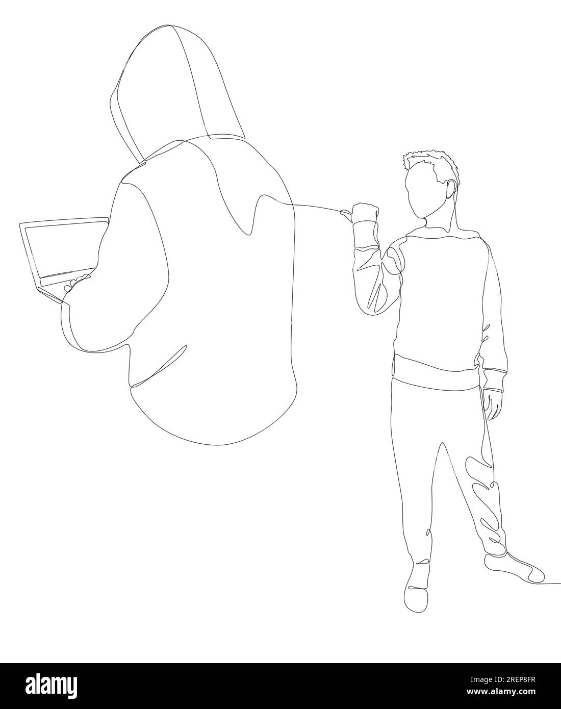 One Continuous Line Of Man Pointing With Finger At Hacker Men Using Laptop Thin Line