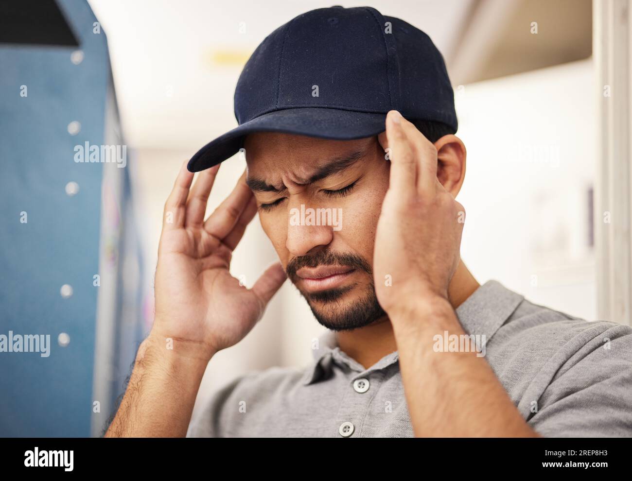 Stress, courier and headache pain from delivery, logistics burnout and ...