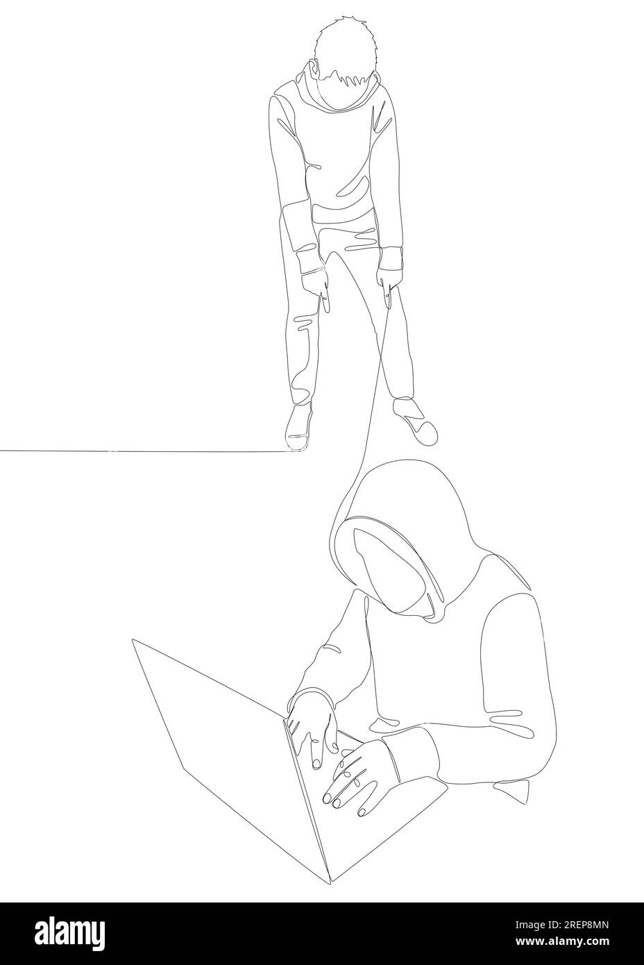 One Continuous Line Of Man Pointing With Finger At Hacker Men Using Laptop Thin Line